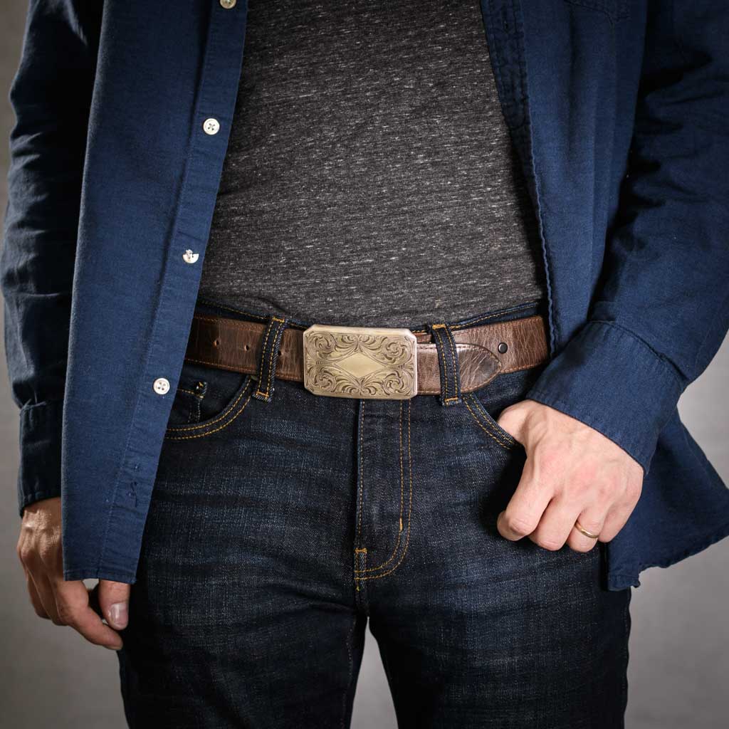 ENGRAVED SCROLLS PATINA TROPHY BUCKLE