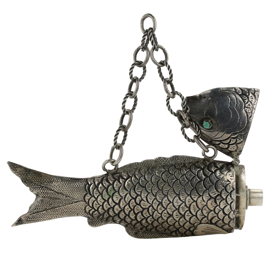 STERLING SILVER ENGRAVED FISH WITH TURQUOISE EYES FLASK