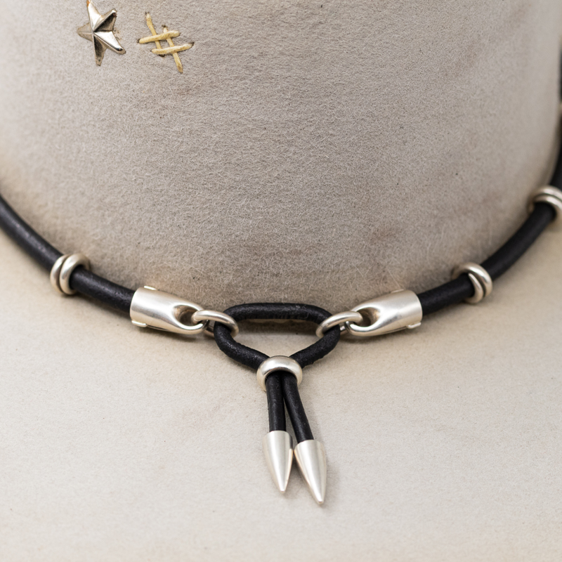 BLACK LEATHER STERLING SILVER BEADS HAT BAND