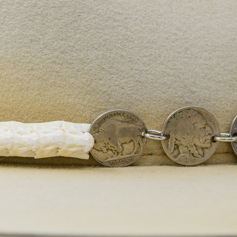 WHITE SNAKE VERTEBRAE HAT BAND WITH NICKLE COINS